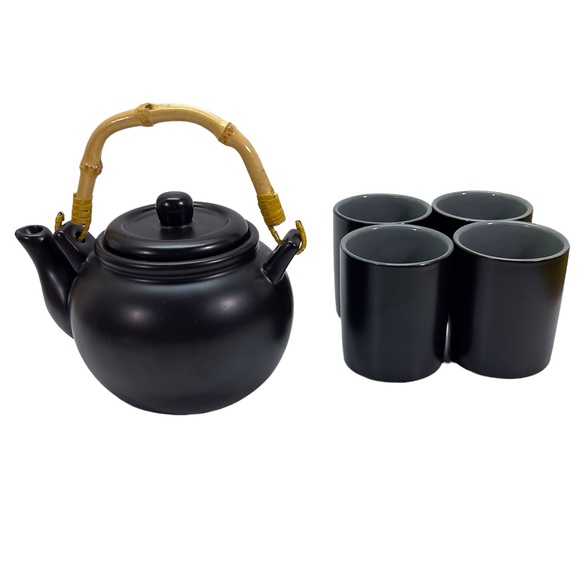 Parini | Dining | Five Piece Black Ceramic Tea Set Bamboo Handle Teapot ...